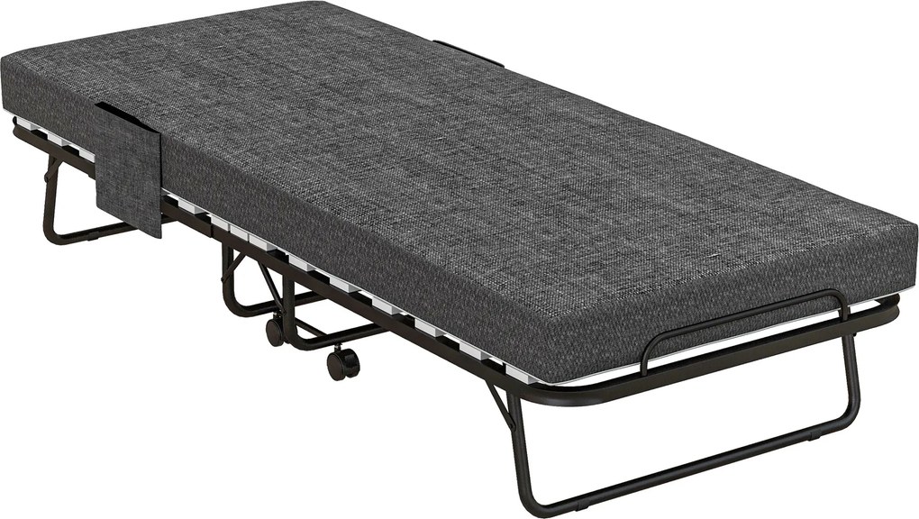 Skládací postel pro hosty HOMCOM s kolečky, 190x80 cm, 10 cm matrace, potah a boční taška, tmavě šedá, ideální do ložnice a na cesty | Aosom.de
