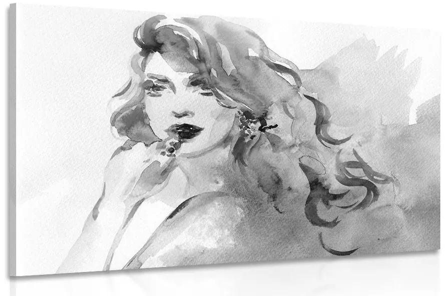 Obraz akvarelový ženský portrét v černobílém provedení - 120x80 cm