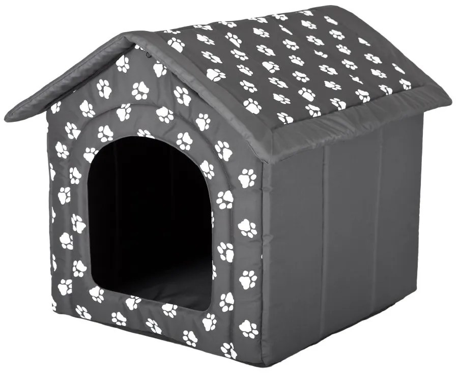 DOGGY (dříve HobbyDog) Pelíšek pro psa Bouda - šedá a packy VELIKOST: Pro mini psy (vel. R1) - 38 x 32 x 38 cm
