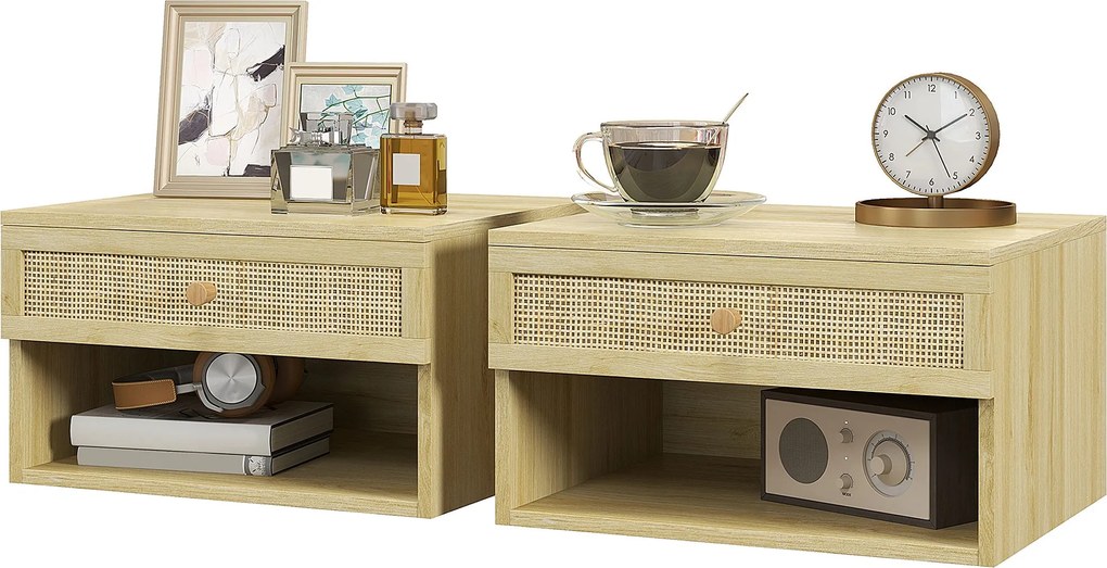 HOMCOM Set 2 Floating Nočních Stolků Závěsné Noční Stolky s Otevřeným Úložným Prostorem a Ratanovou zásuvkou pro Ložnici 40x34x23 cm Přírodní | Aosom