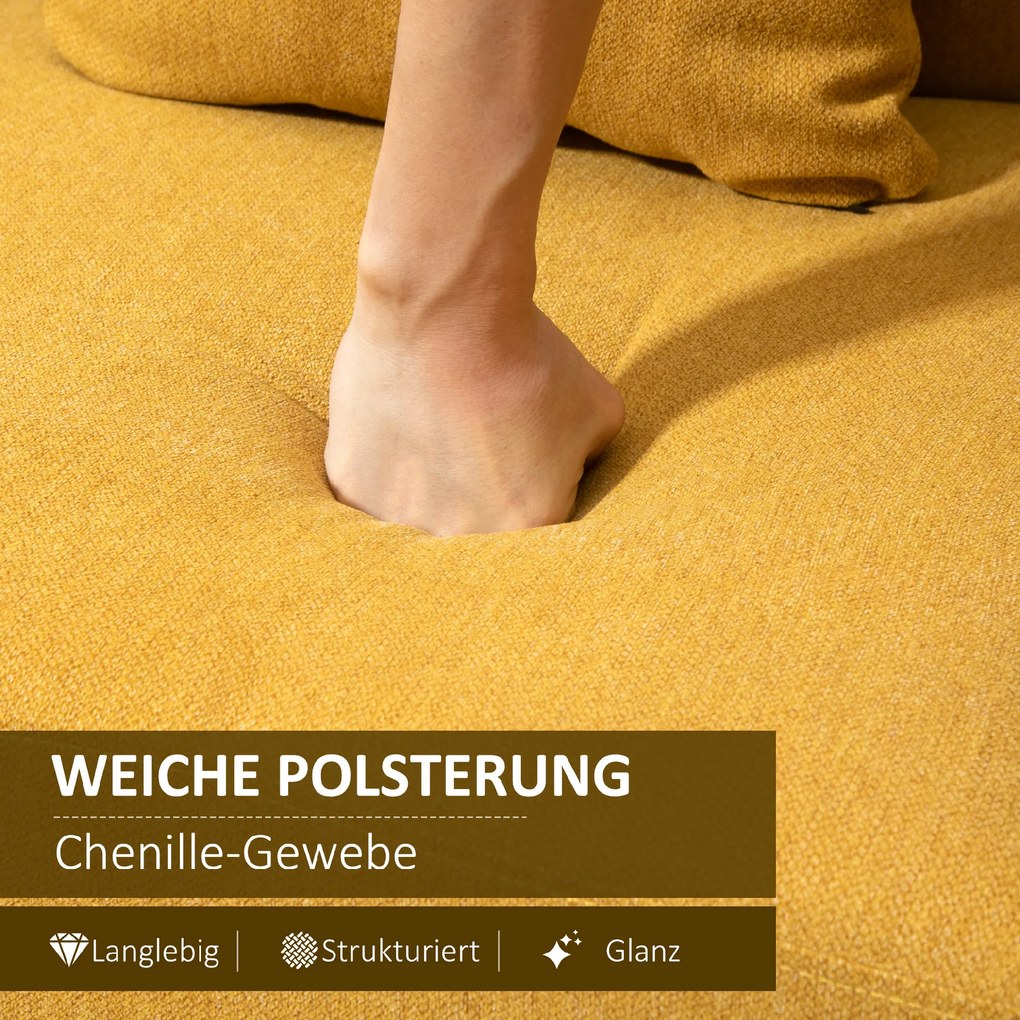 HOMCOM Dvoumístná pohovka s polštáři, nastavitelné podnožky, sametový polyester, pěna, kompaktní design, 2místná, přírodní+žlutá