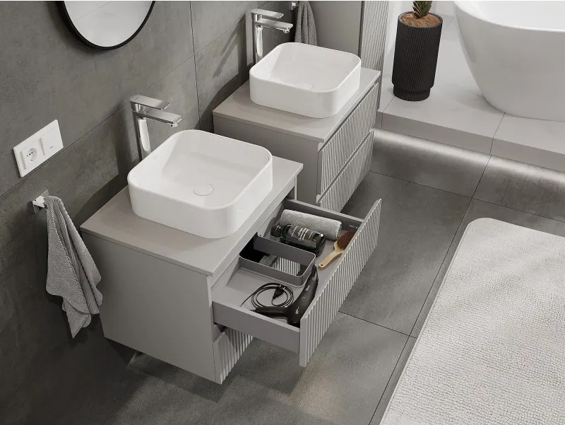Mexen Rivel, koupelnová skříňka 60 cm s pracovní deskou, 2 zásuvky, drážkovaná, matná šedá, 91A20-06047-2-BFFC62