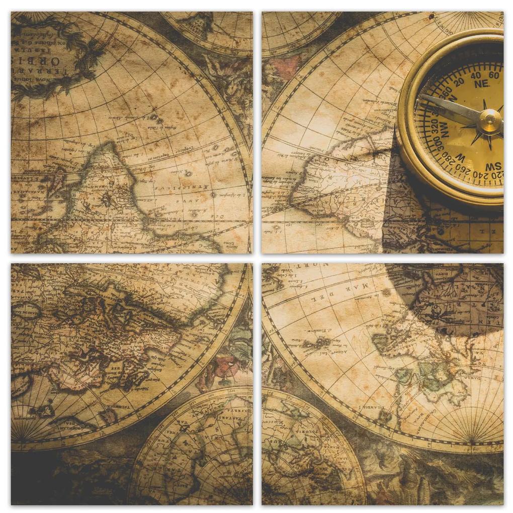 Malvis ® Obraz kompas na mapě Velikost (šířka x výška): čtyřdílný čtverec - 100x100 cm