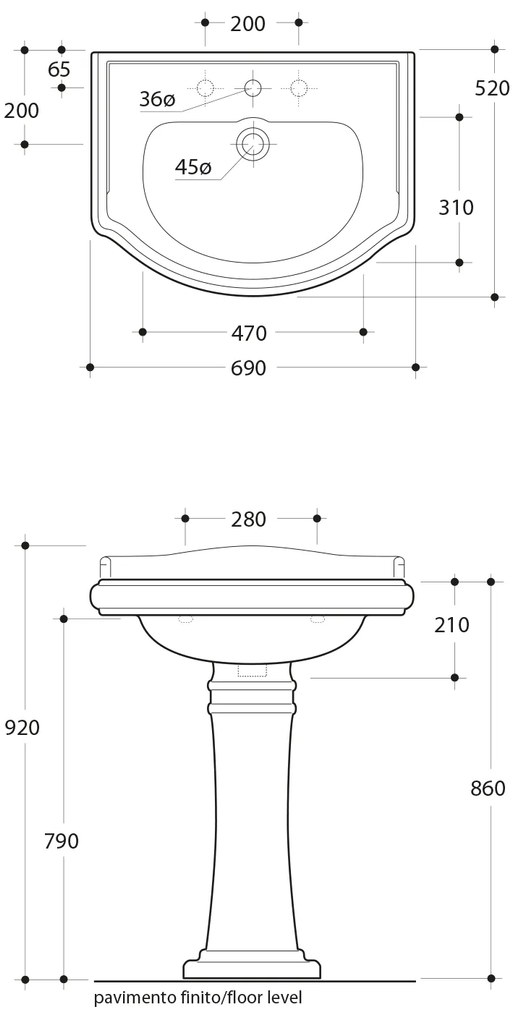 Kerasan RETRO keramické umyvadlo 69x52cm, 3 otvory, bílá 104601-3