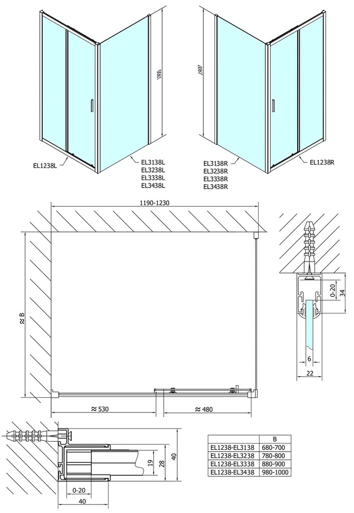 Polysan EASY LINE obdélníkový sprchový kout 1200x700mm L/P varianta, sklo Brick EL1238EL3138