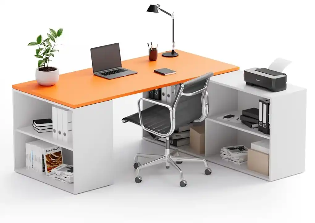 PLAN Kancelářský psací stůl s úložným prostorem BLOCK B01, bílá/oranžová |  BIANO