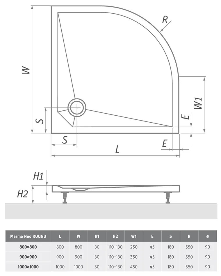 Roth Marmo Neo Round, Sprchová vanička čtvrtkruhová 90x90 cm MAN RO 090090 2E