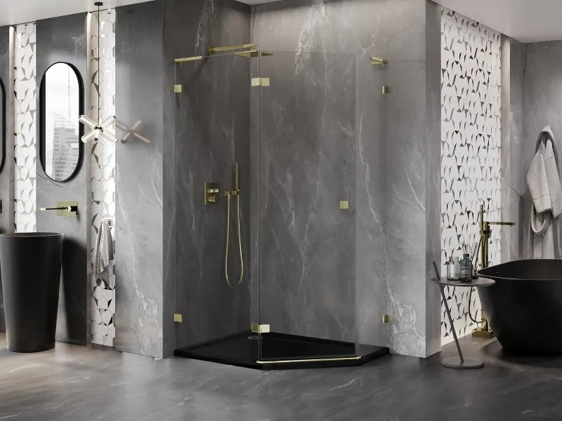 Mexen Lunar, L pětiúhelníkový sprchový kout naklápěcí doleva 100 x 80 cm, 8mm čiré sklo, zlatý profil, 831L-100L-080P-50-00-L