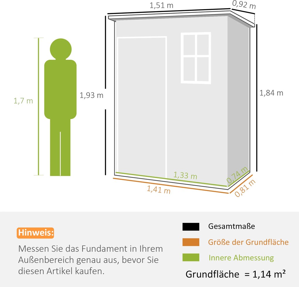 Zahradní kůlna Outsunny 1,14 m² - uzamykatelné dveře, ventilace a okno - rozměry 151D x 92Š x 193V cm - plast, šedá