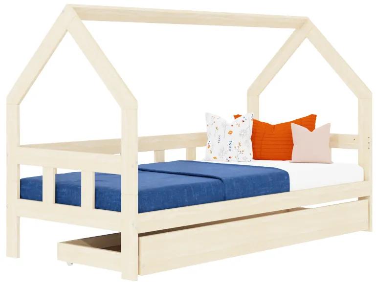 Benlemi Dětská postel domeček FENCE 2v1 ze dřeva se zábranou a úložným šuplíkem Zvolte barvu: Béžová, Zvolte rozměr: 90x190 cm, Zvolte zábranu: S jednou zábranou