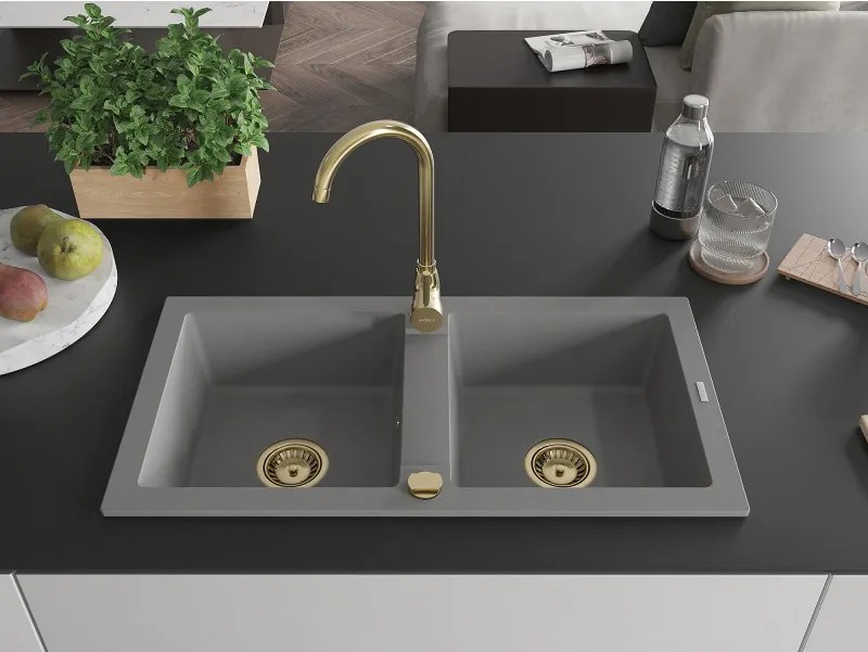 Mexen Mario, granitový dřez 820x436x161 mm, 2-komorový, šedá se zlatým sifonem, 6504822000-71-G