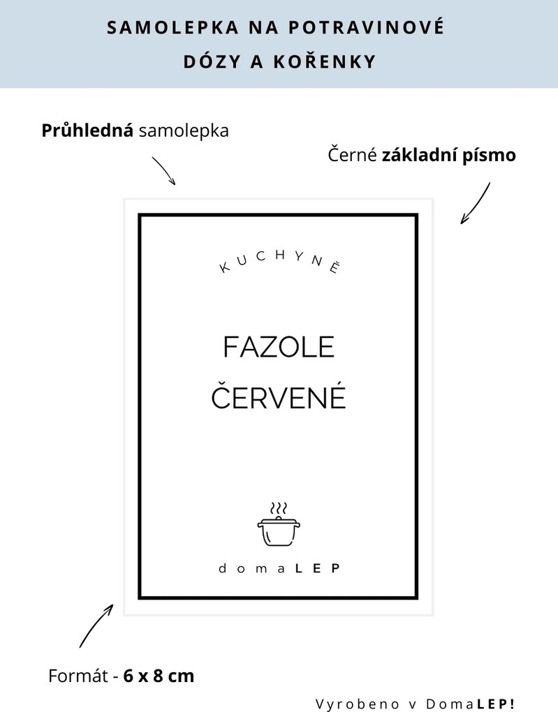 FAZOLE ČERVENÉ – průhledná samolepka na dózu, základní písmo, 6 × 8 cm | DomaLEP