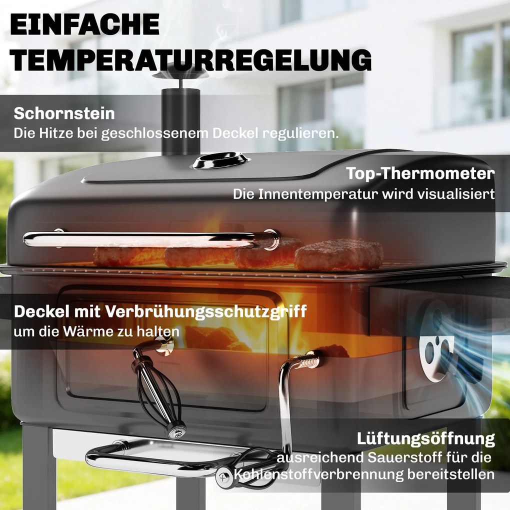 Outsunny Gril na dřevěné uhlí BBQ udírna s víkem Teploměr výškově nastavitelná pánev na dřevěné uhlí Komín Grilovací rošt Boční stolek Popelník