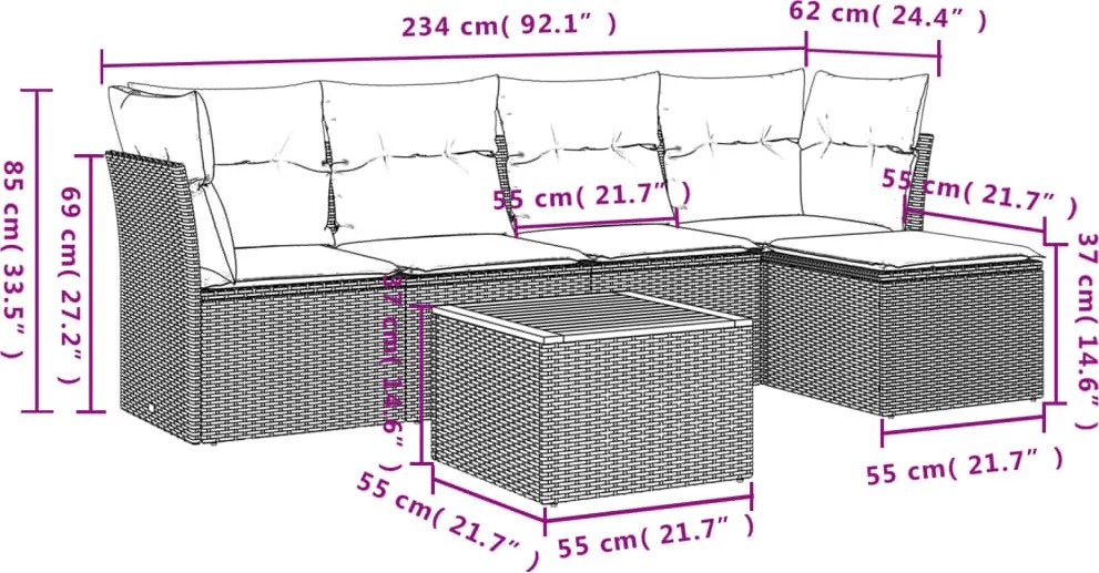 vidaXL 6dílná zahradní sedací souprava s poduškami polyratan [3223612] Barva: béžová a šedá