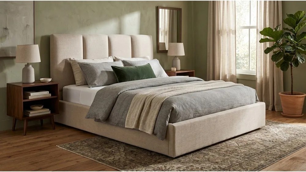 Béžová čalouněná dvoulůžková postel s úložným prostorem s roštem 160x200 cm Juniper – Mazzini Beds