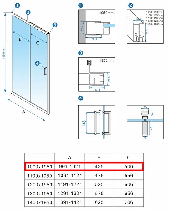 BPS-koupelny Posuvné sprchové dveře HYD-PD14A 100 černá/transparent pro instalaci do niky - bez vaničky