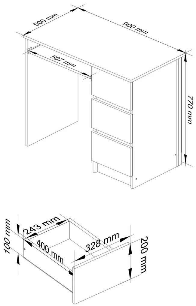 Třízásuvkový počítačový stůl DYENS pravý 90 cm hnědý/bílý dub