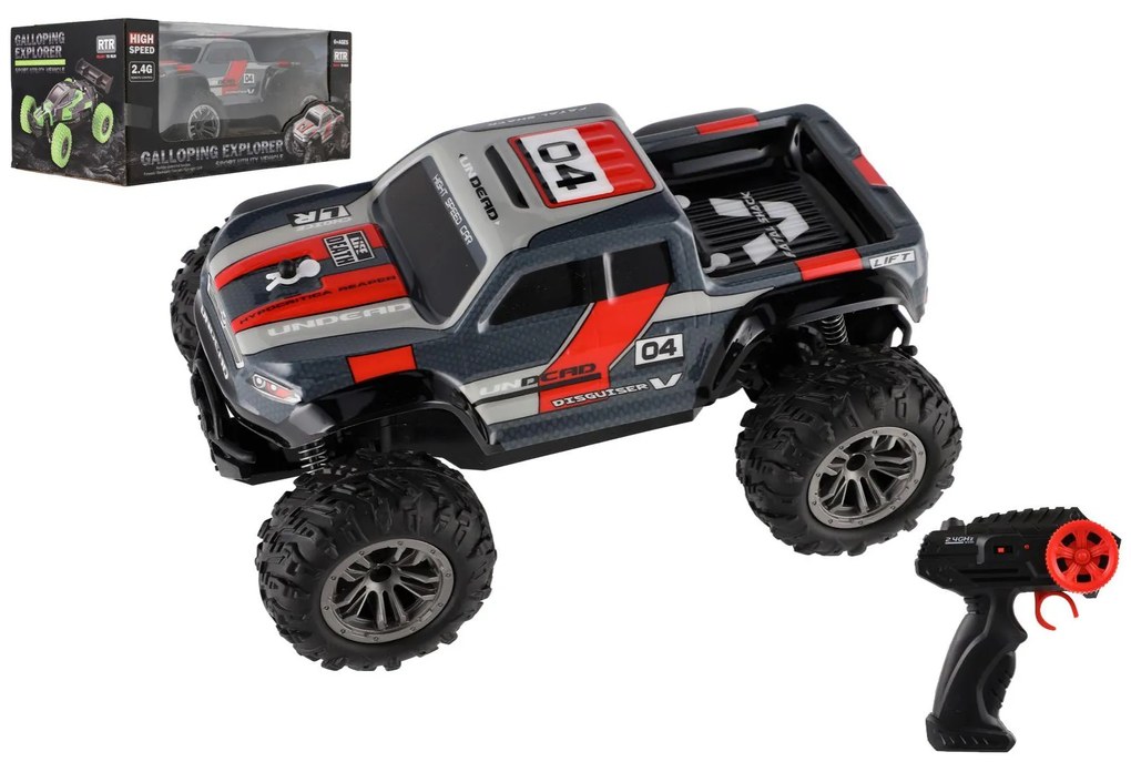 Auto RC pick up terénní plast 25cm 2,4GHZ na baterie šedo-červený v krabici 32x14x18cm
