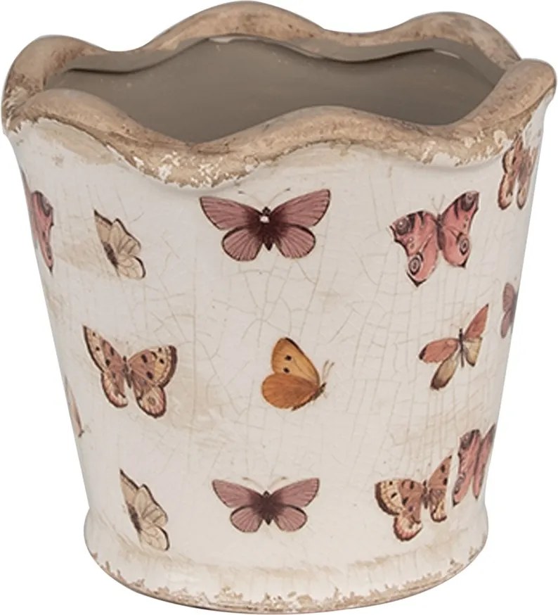Béžový antik obal na květináč s motýlky Butterfly Paradise S - Ø 13*12 cm
