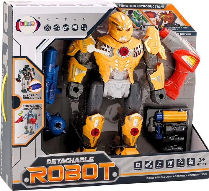 LEAN Toys Robot na šroubování, zbraň, vrtačka, šroubovák, světla, zvuk, žlutý