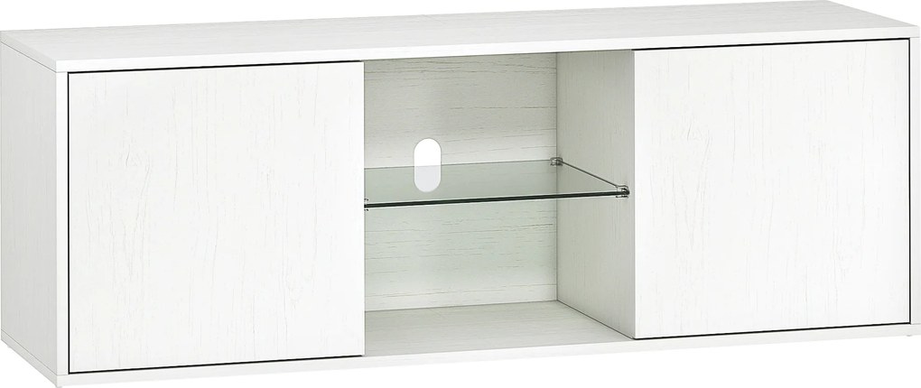 HOMCOM TV stolek pro až 55" plovoucí nebo na podlaze, dveře s tichým zavíráním, průchod kabelů a skleněná police, bílá