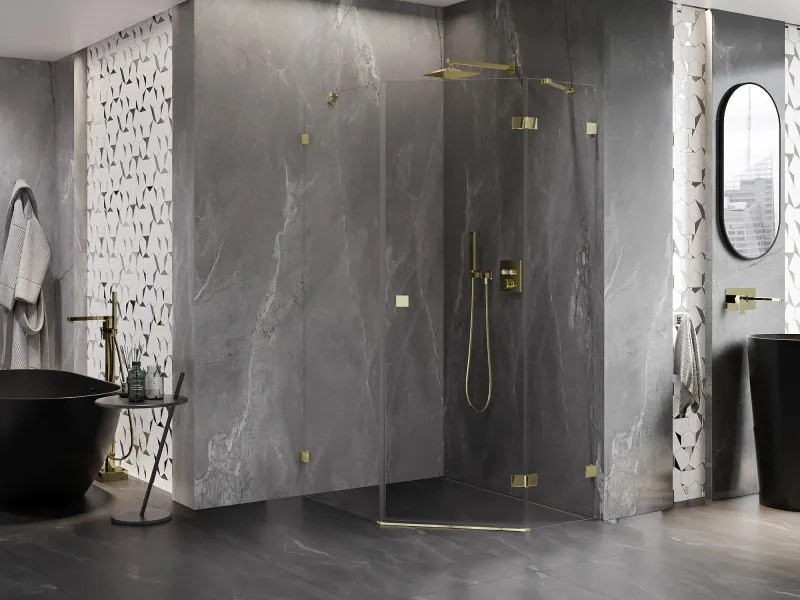 Mexen Lunar, výklopný pětiúhelníkový sprchový kout pravý 90 x 100 cm, 8mm čiré sklo, zlatý profil, 831-090P-100L-50-00-P