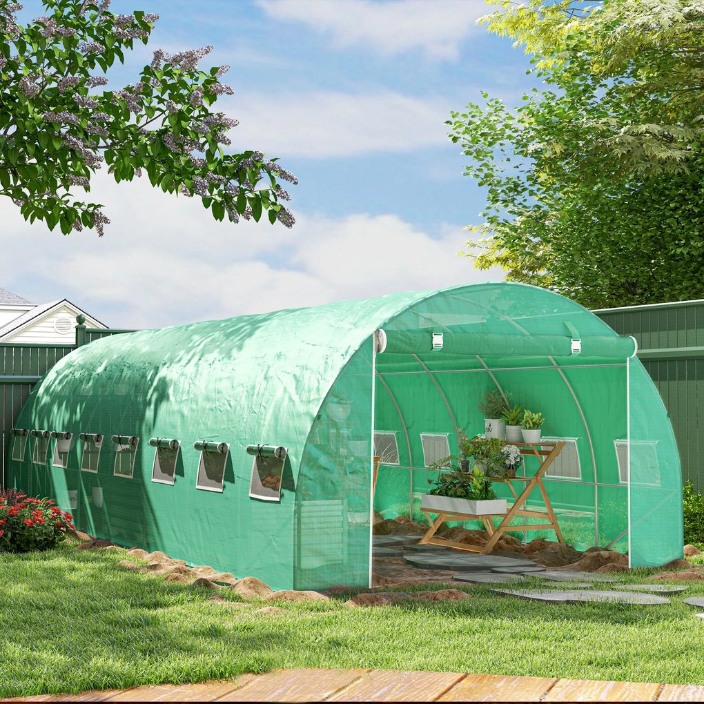 Zahradní tunelová skleník Outsunny 24m² 8L x 3W x 2H m - 16 oken, Rolovací zipová vrata - Pozinkovaná ocelová konstrukce, Vysoce hustý PE kryt