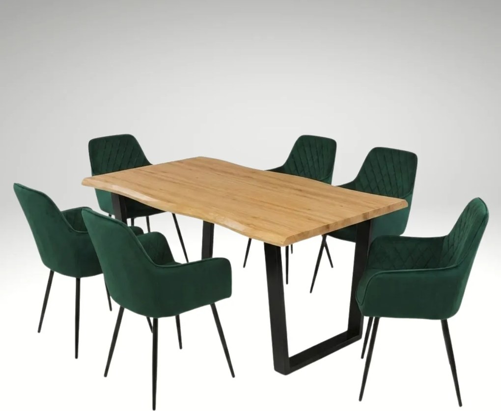 Vikio Jídelní set pro 6 osob 160x90 cm dub noha U zelená židle s područkami VJS166-6Z