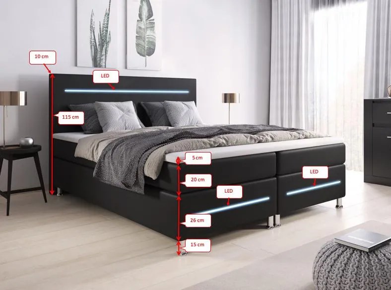 M&B postele Boxspring postel SEJOUR bez úložného prostoru s LED Velikost postele: 180 × 200 cm, Výběr matrace: Taštičková zónová matrace - měkká (70–…