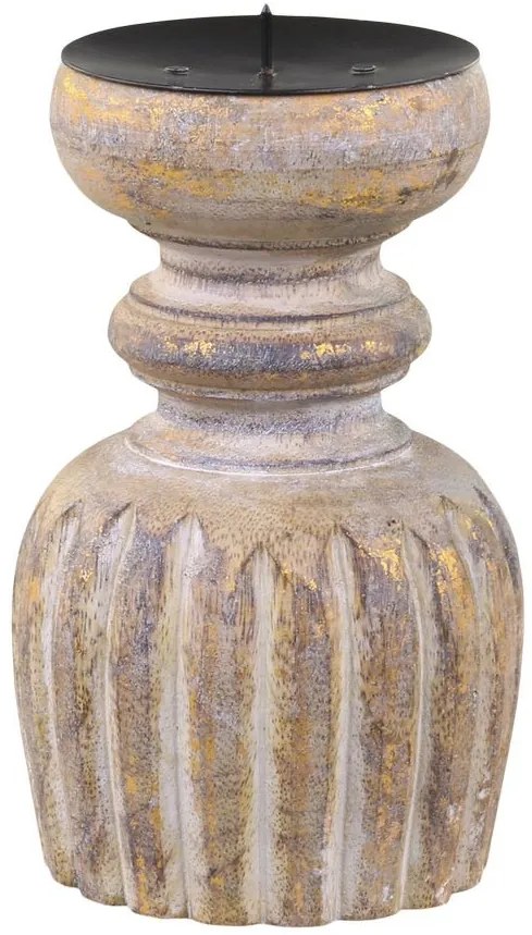 Zlato-přírodní antik dřevěný svícen na sloupovitou svíčku - Ø 9*15 cm