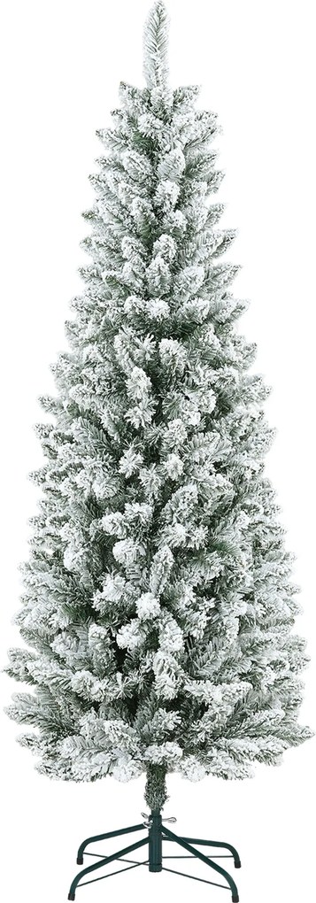 HOMCOM Umělý vánoční strom, štíhlý tvar, umělý sníh, třídílný, nehořlavý, kovový stojan, 183 cm, zelená