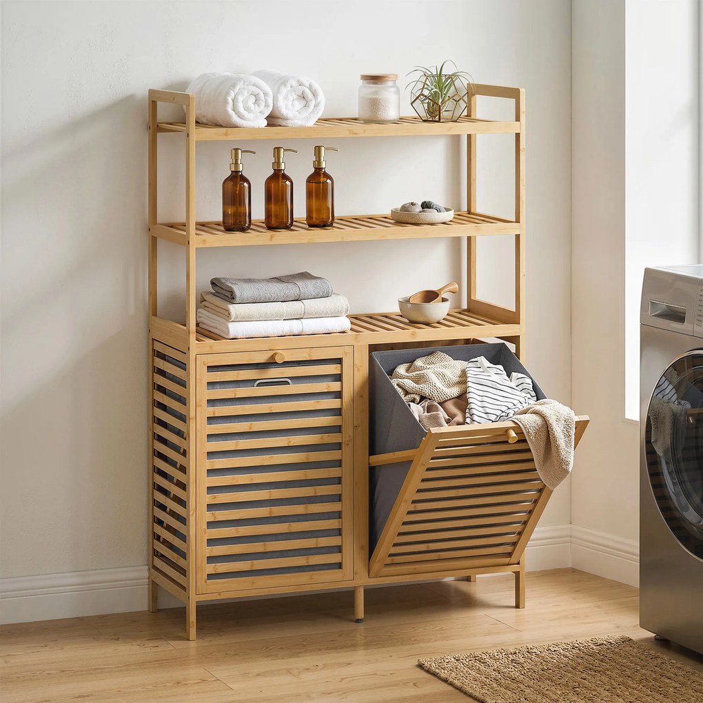 HOMCOM bambusová skříňka do koupelny s koši na prádlo – 3patrové úložiště se 2 odnímatelnými látkovými koši, 80 × 30 × 118 cm, dub
