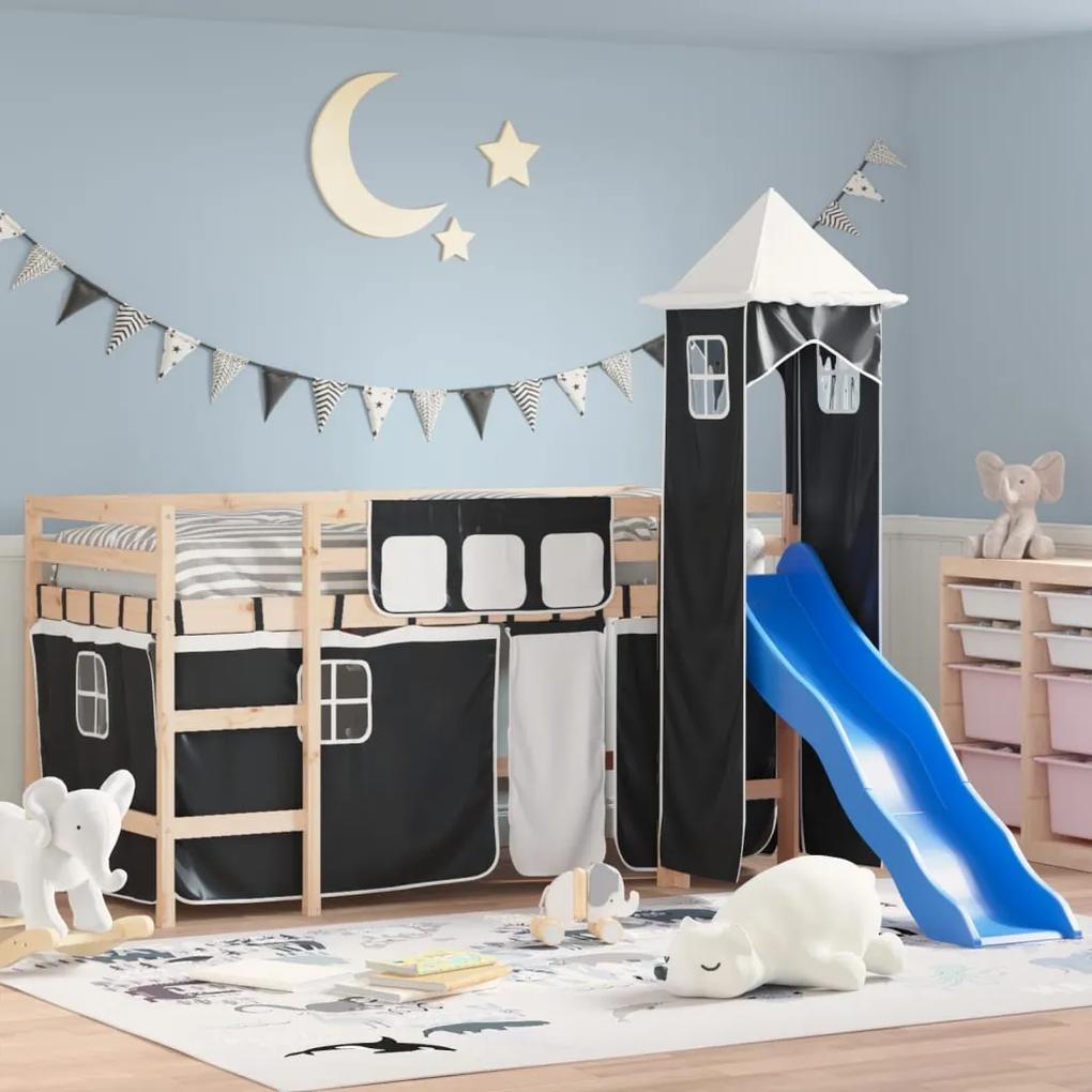 Dětská patrová postel s věží bílá a černá 80 x 200 cm borovice,  3207063