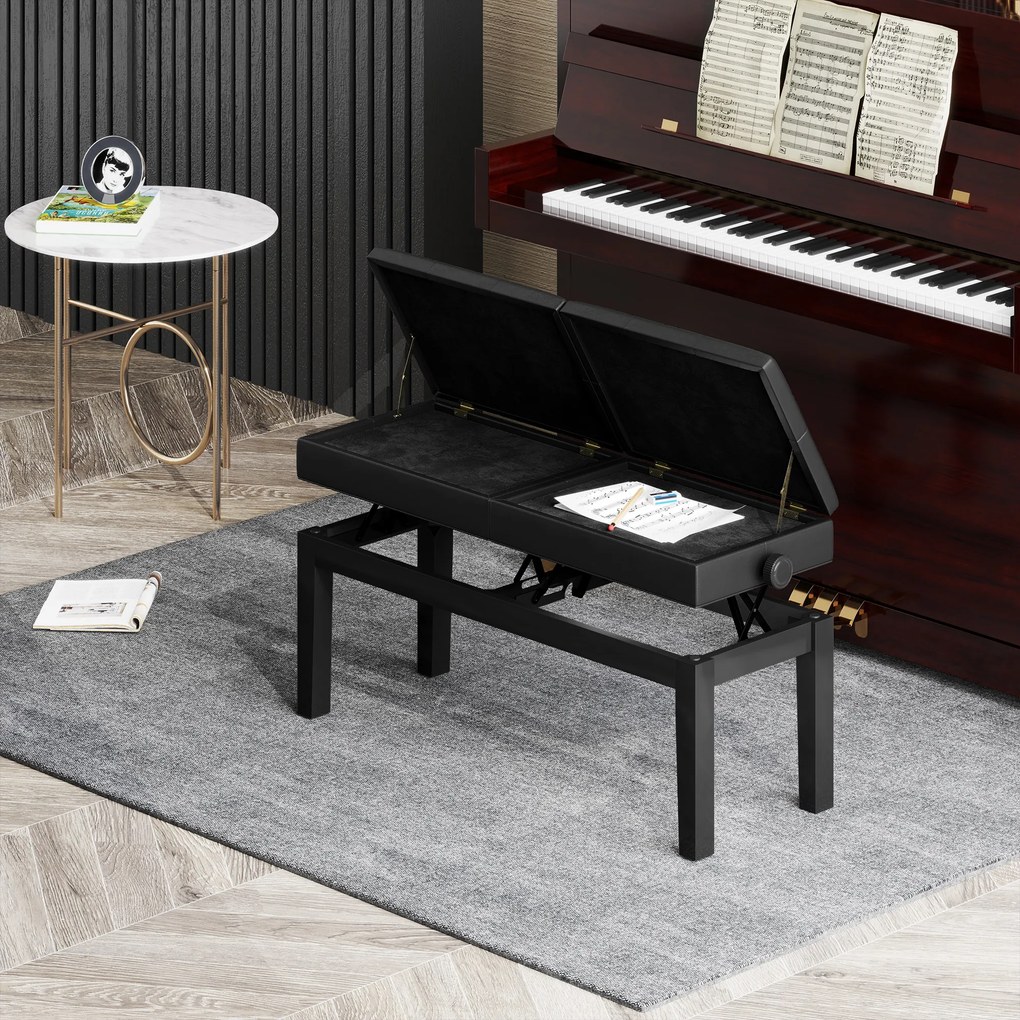 HOMCOM Nastavitelný hudební stolička s úložným prostorem, nosnost 220 kg, umělá kůže, černá, 105 x 37 x 48-58 cm