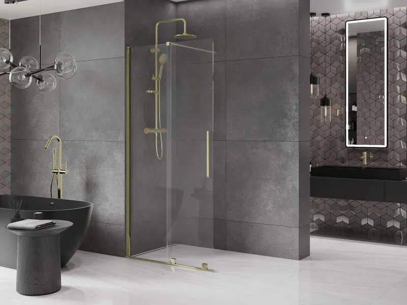 Mexen Velar, posuvné dveře do otvoru typ Walk-In 100 cm, 8mm čiré sklo, zlatá lesklá, 871-100-000-03-50