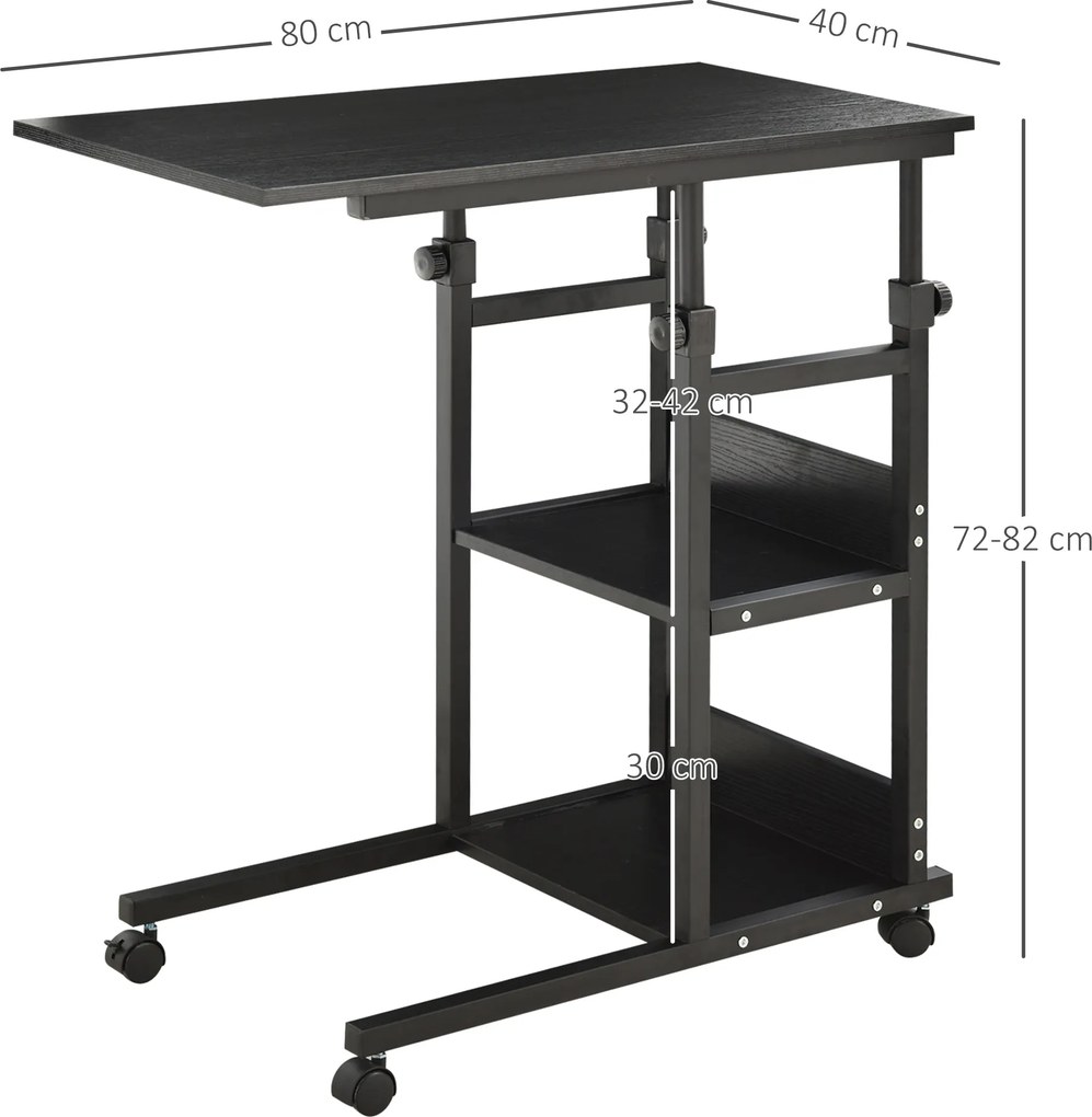 HOMCOM Stolek se Společkami 80x40 cm C-Formovaný Pohovkový Stolek s Nastavitelnou Výškou 3 Úrovně 72-82 cm Kovový Rám pro Obývací Pokoj a Kuchyni Čer…
