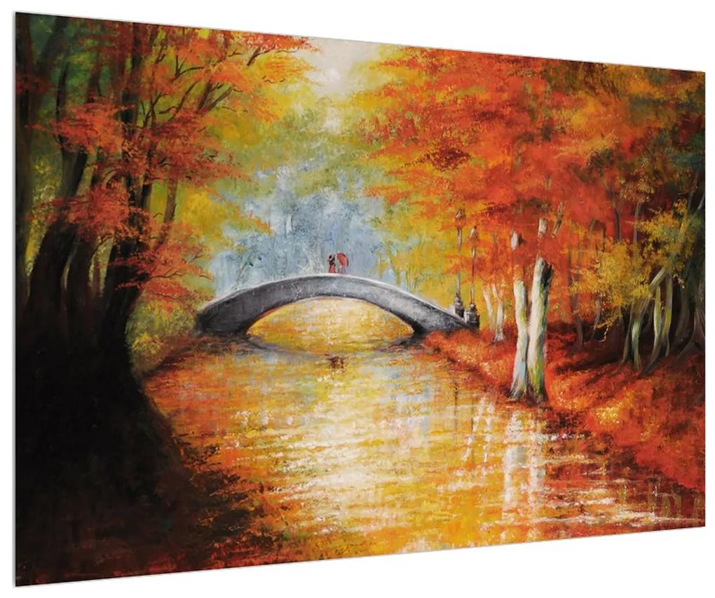 Podzimní obraz mostu přes říčku (90x60 cm)