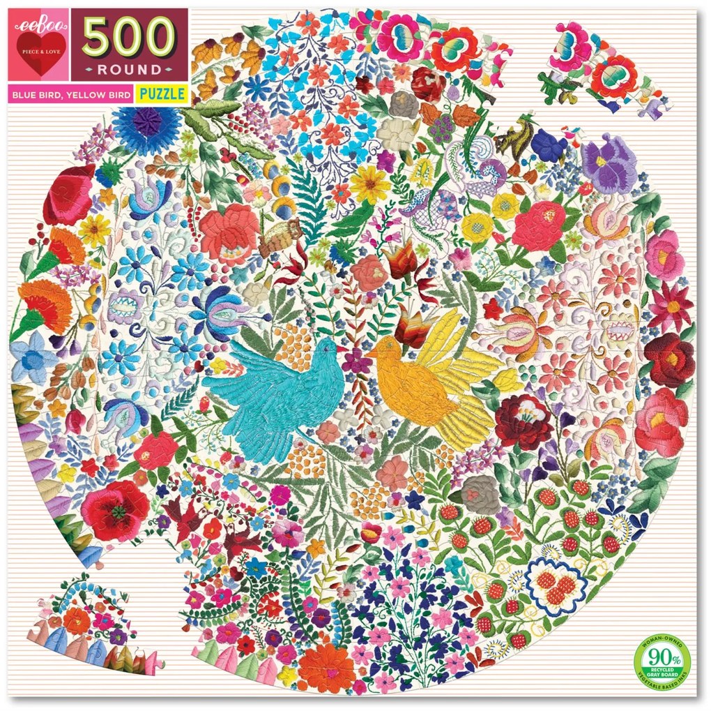Eeboo kulaté puzzle modrý a žlutý ptáček 500 dílků