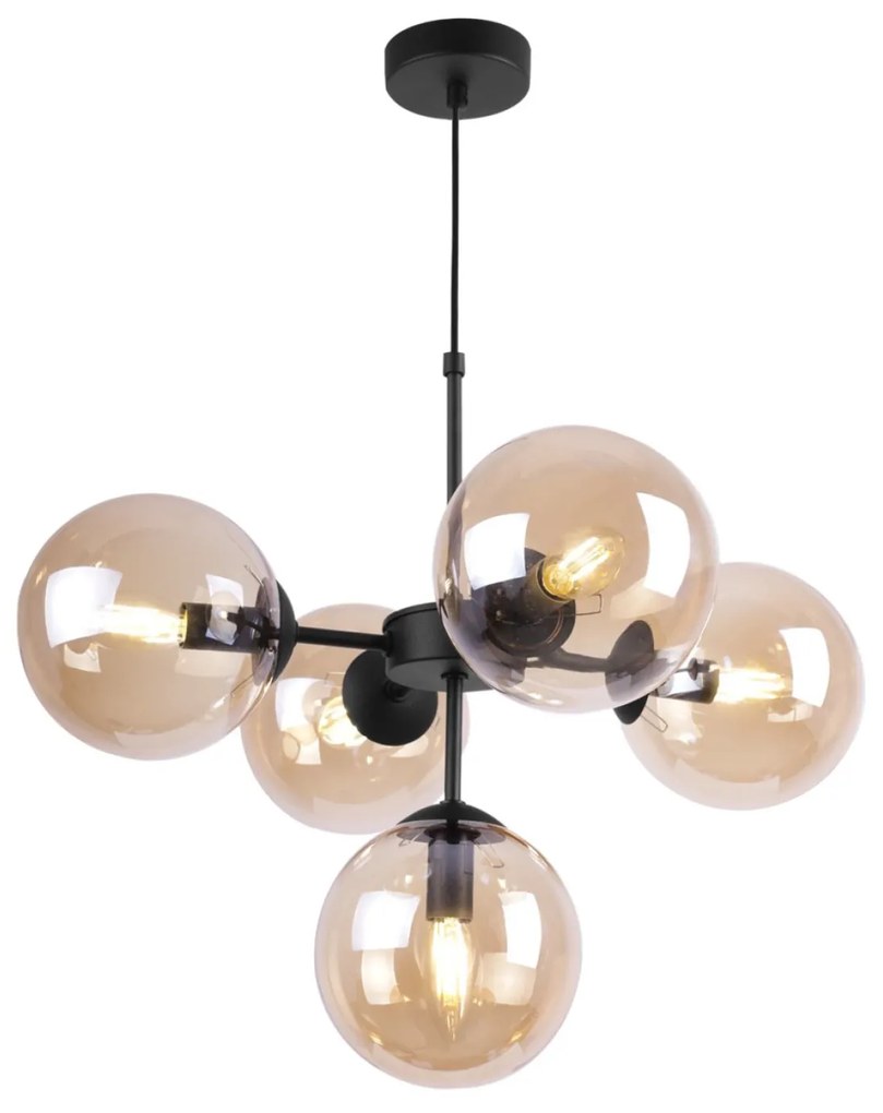 Light for home - Černé světlo s regulací délky a medovými stínidly pro obývák a kancelář "IMPERIA", 5x40W, E14, Černá