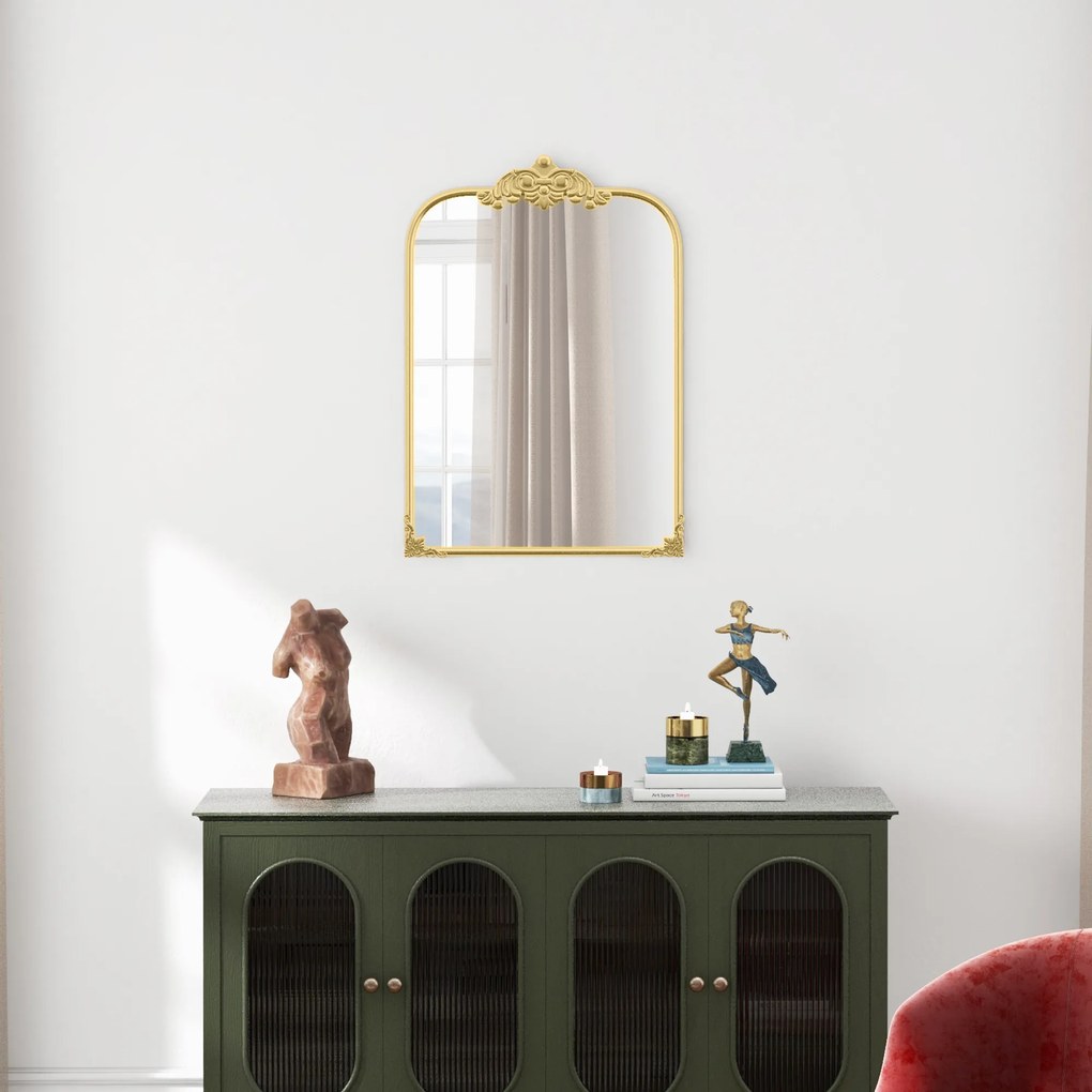 Nástěnné zrcadlo HOMCOM 60 x 87 cm koupelnové zrcadlo v barokním stylu s ozdobným kovovým rámem do obývacího pokoje a ložnice ve zlaté barvě