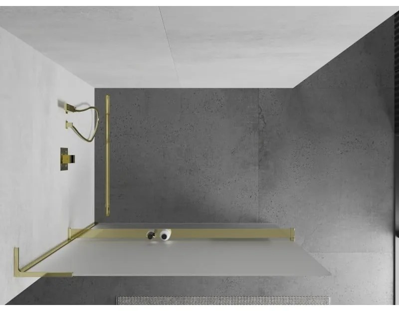 Mexen Kioto+ L, sprchová zástěna Walk-In s poličkou a věšákem 70 x 200 cm, 8mm sklo námraza, zlatý lesklý profil, 800-070-123-50-30