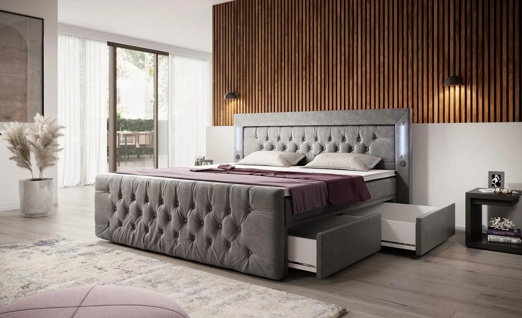 K&M postele Boxspring postel DIVAT s úložným prostorem, LED a USB Velikost postele: 140 × 200 cm, Výběr matrace: Oboustranná pružinová matrace - stře…