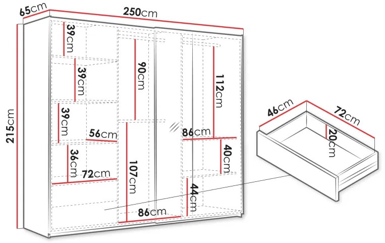 Šatní skříň se zrcadlem Tojwi 250, Barva: bílá / bílá + dub wotan