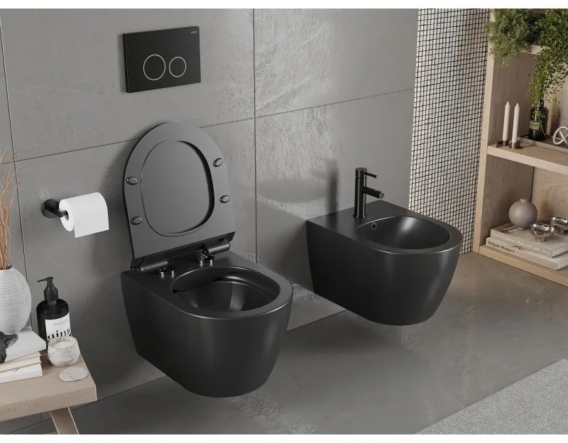 Mexen Carmen závěsné wc Rimless s toaletním Slim sedátkem z duroplastu, černá matná - 30880185