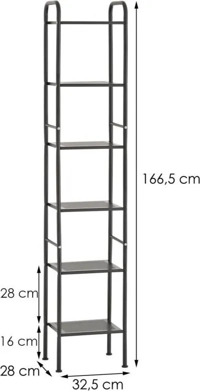 Erga Lexa, koupelnový kovový regál se 6 policemi 28x32,5x166,5 cm, černá matná, ERG-YKA-P.LEXA-BLK