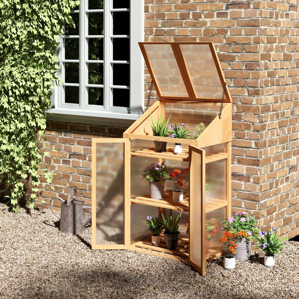 Outsunny Mini skleník, malý skleník s dřevěným rámem, okno a dvojité dveře, 3 police, 70L x 50B x 120V cm, hnědý