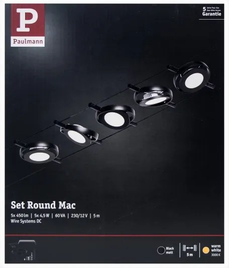 Paulmann 94418 - SADA 5xLED/4,5W Kompletní lankový systém ROUNDMAC 230V černá