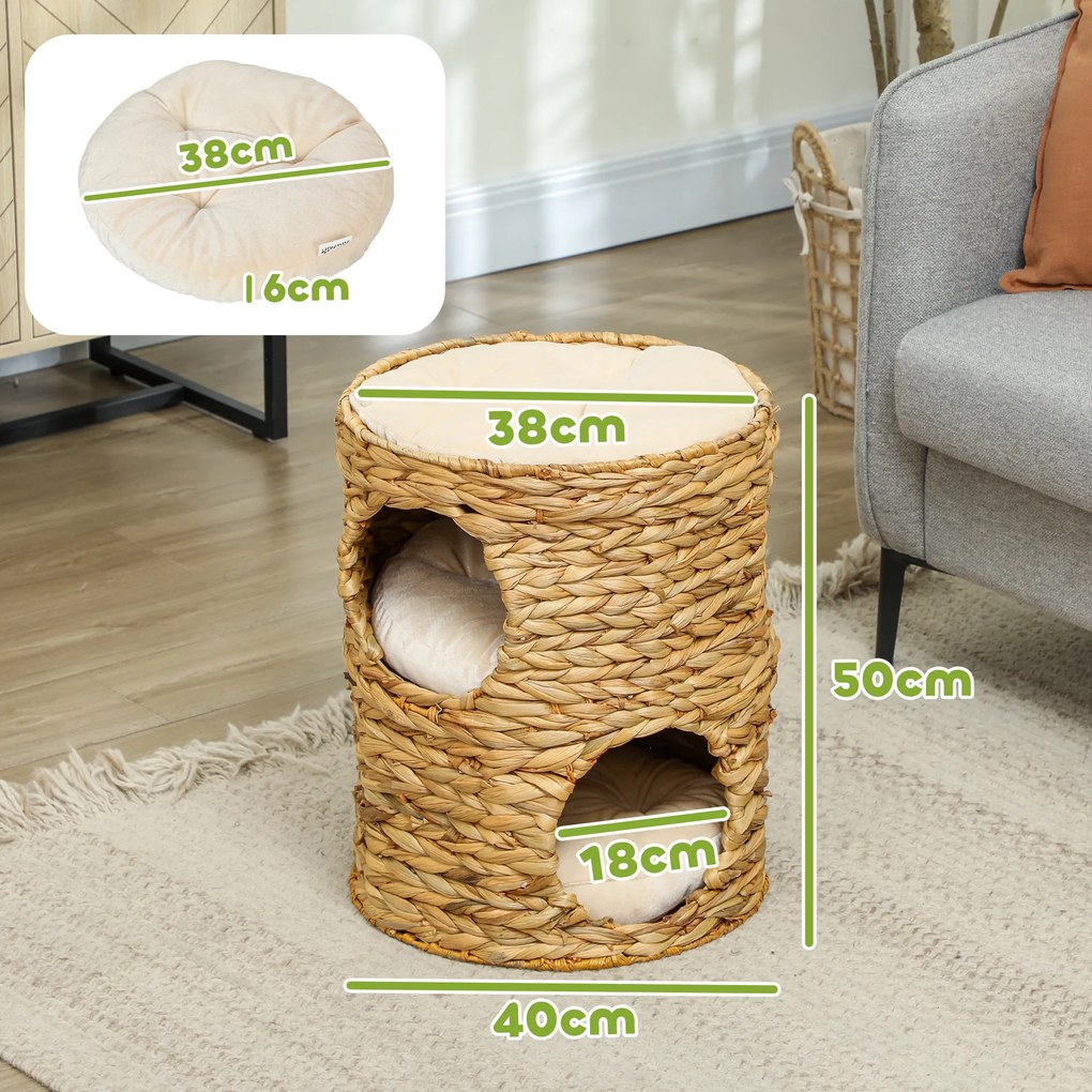 PawHut škrabací sud, 50 cm vysoký sud pro kočky se 2 jeskyněmi, škrabadlo s polštářem, věž pro kočky z vodního hyacintu, pro kočky do 3,5 kg, světle …