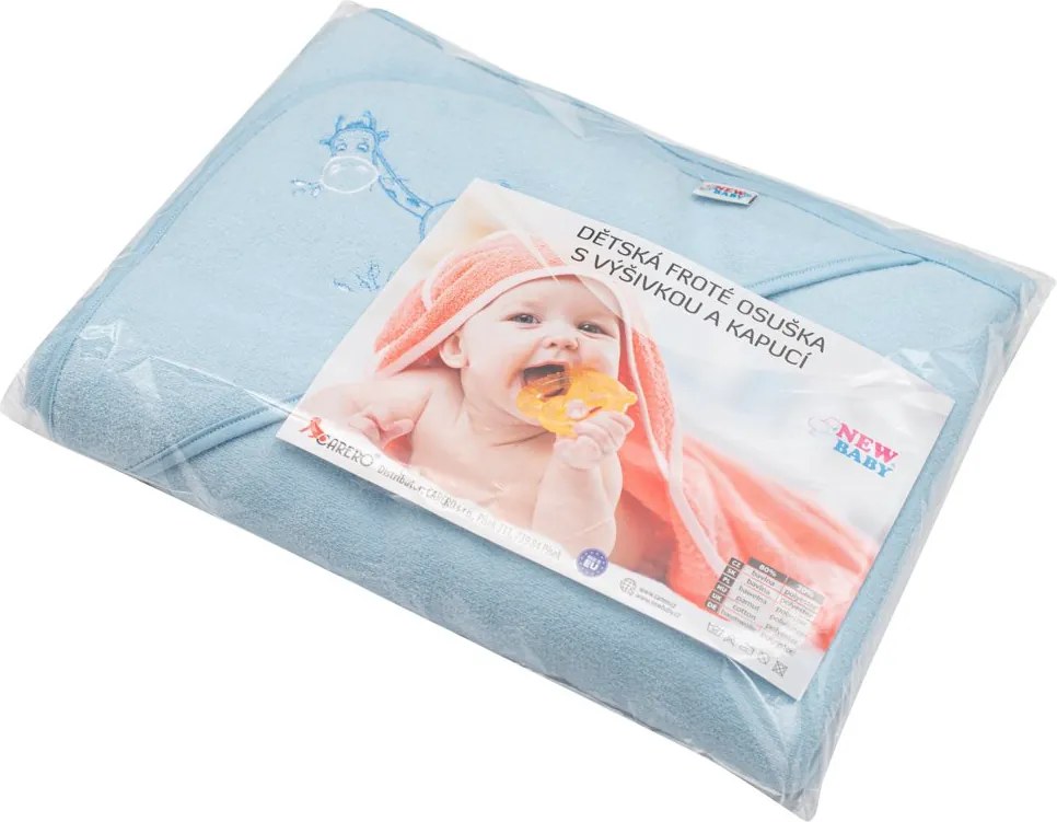Dětská froté osuška s výšivkou a kapucí New Baby 100x100 modrá žirafka