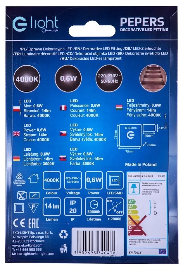 Schodišťové LED svítidlo Pepers, 1x LED 0,6w, 6500k, s